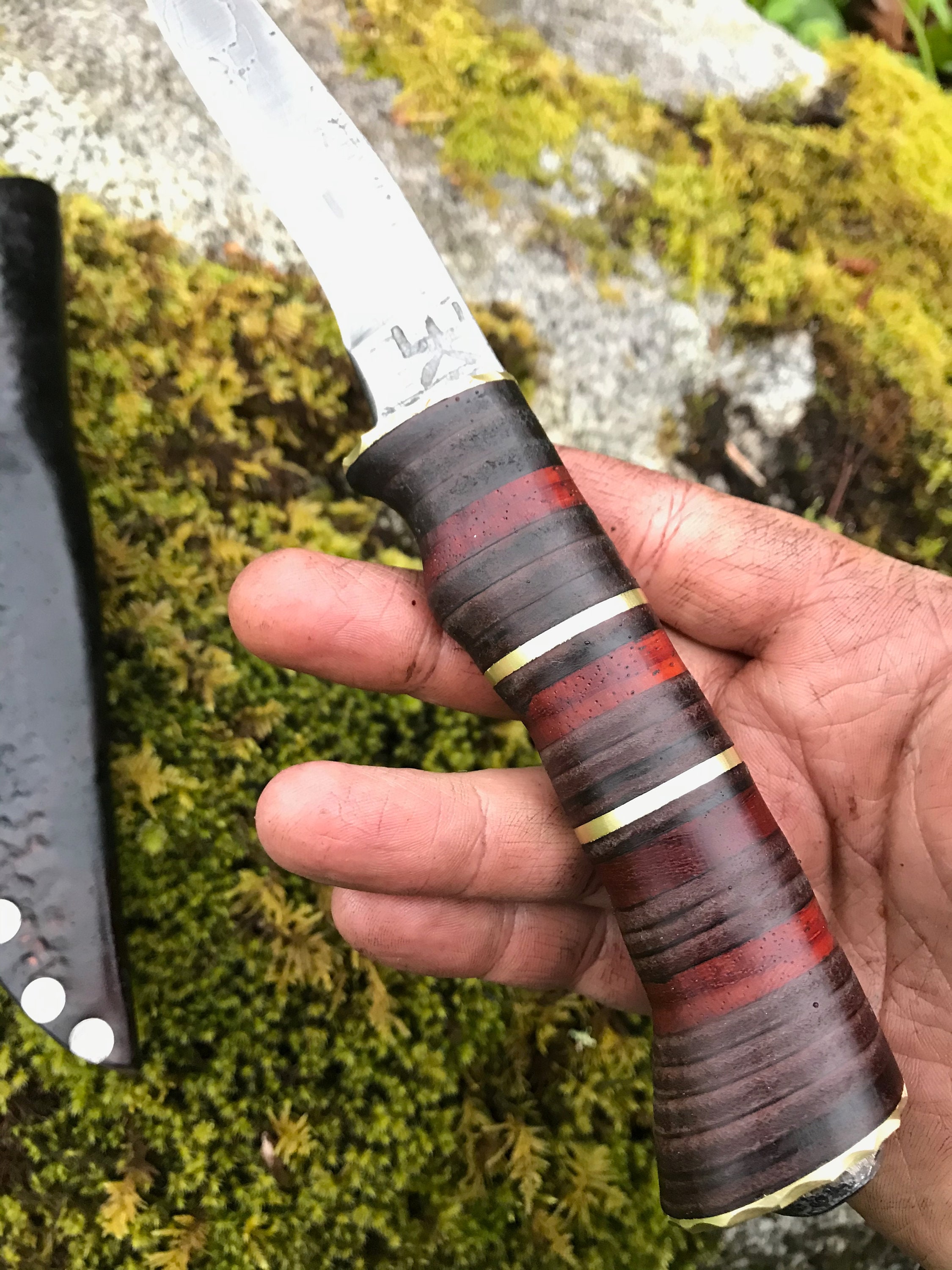 Motorcycle Chain Damascus EDC Knife With Stacked Leather Wood | Etsy