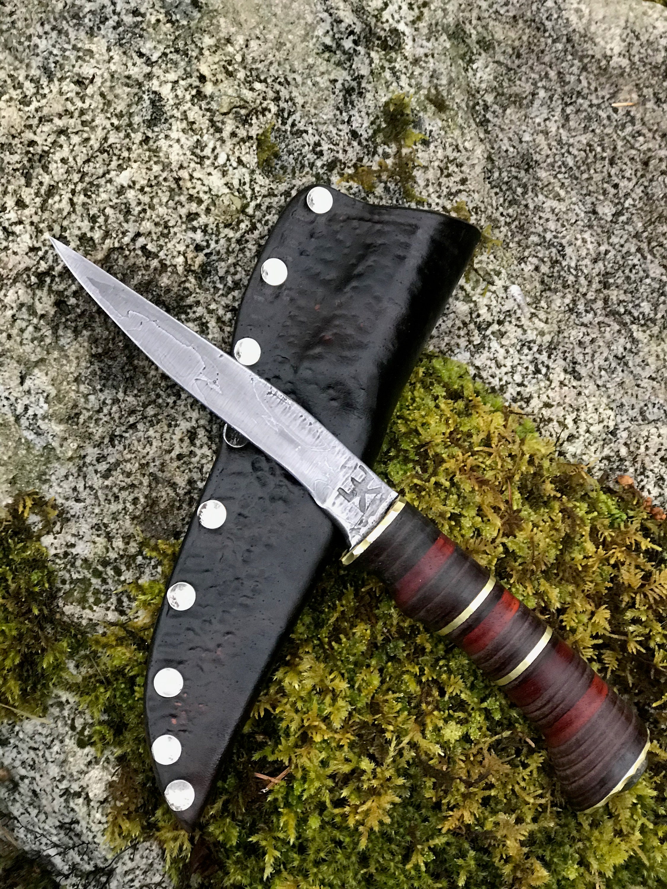 Motorcycle Chain Damascus EDC Knife With Stacked Leather, Wood and ...