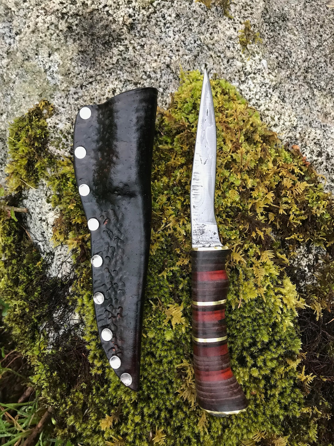 Motorcycle Chain Damascus EDC Knife With Stacked Leather Wood - Etsy