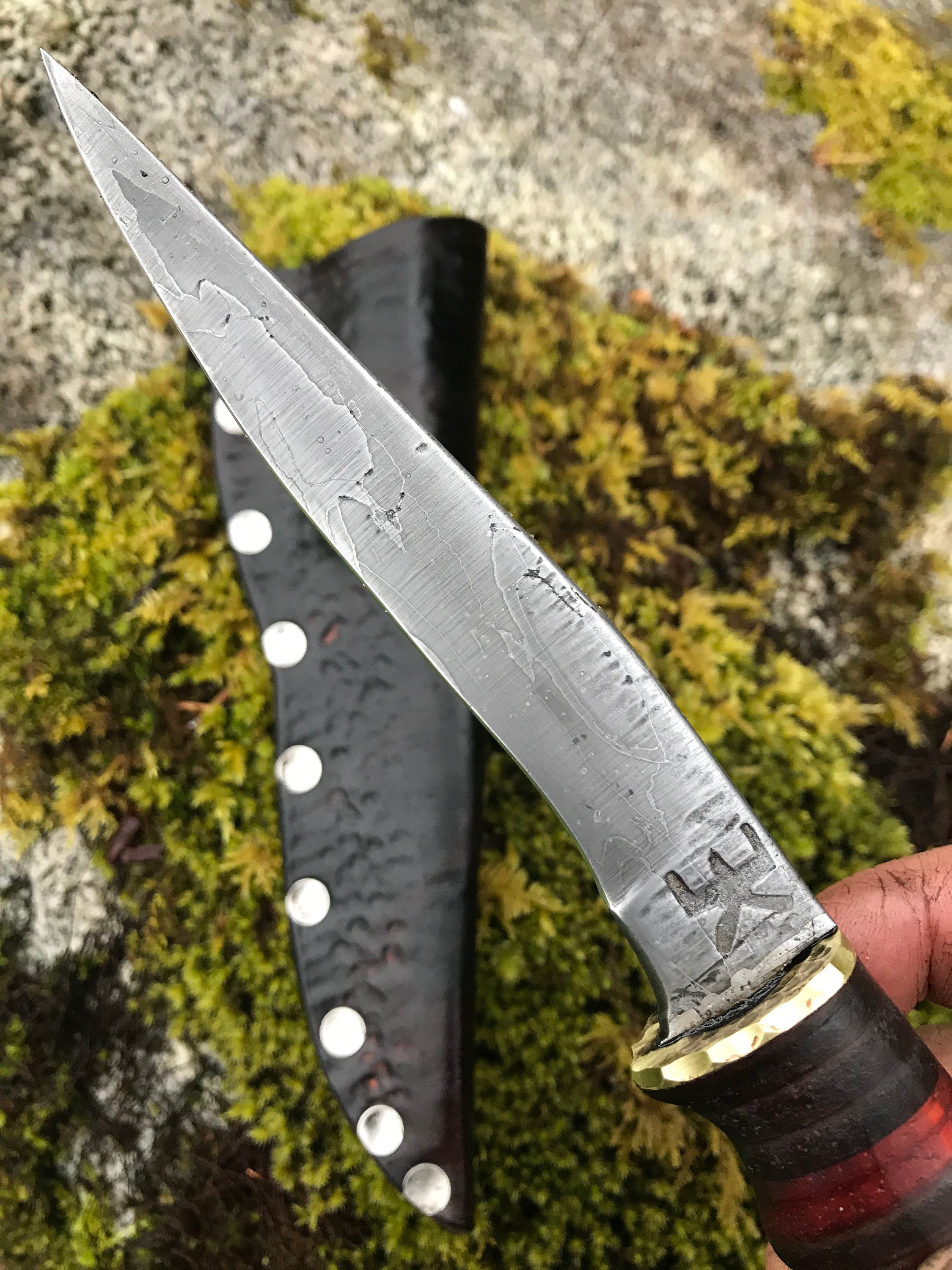 Motorcycle Chain Damascus EDC Knife With Stacked Leather Wood | Etsy