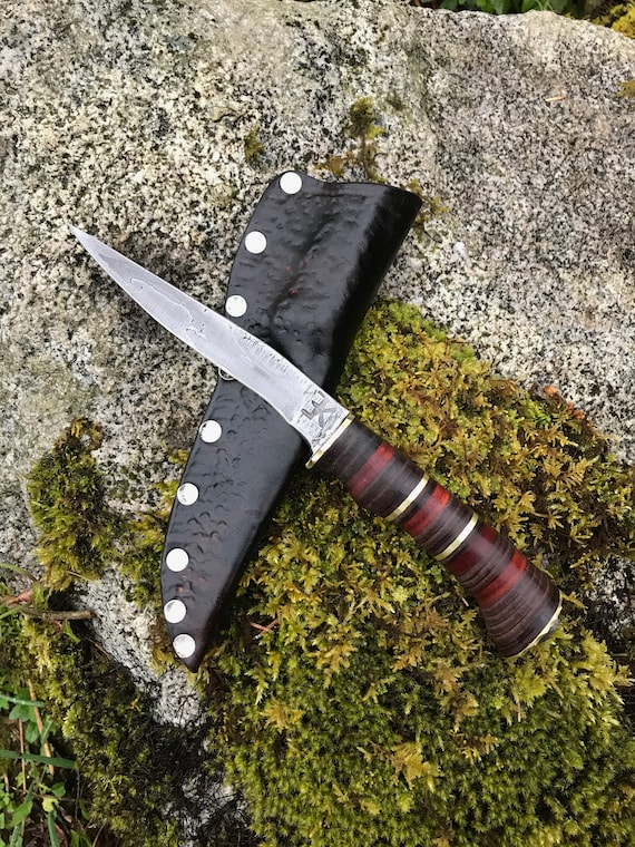 Motorcycle Chain Damascus EDC Knife With Stacked Leather Wood | Etsy