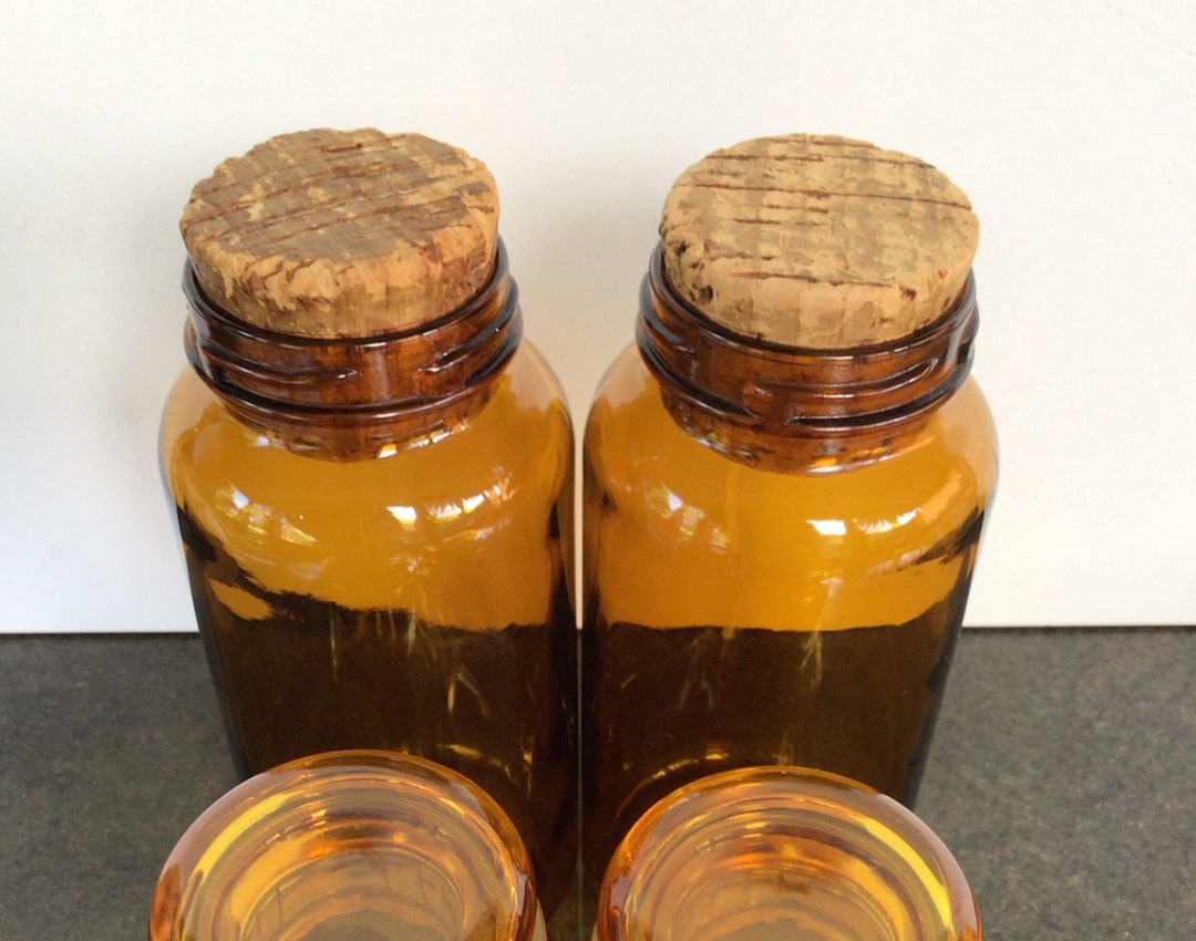 2 Retro Amber Glass Containers Cork Lids Coloured Glass Collectibles ...
