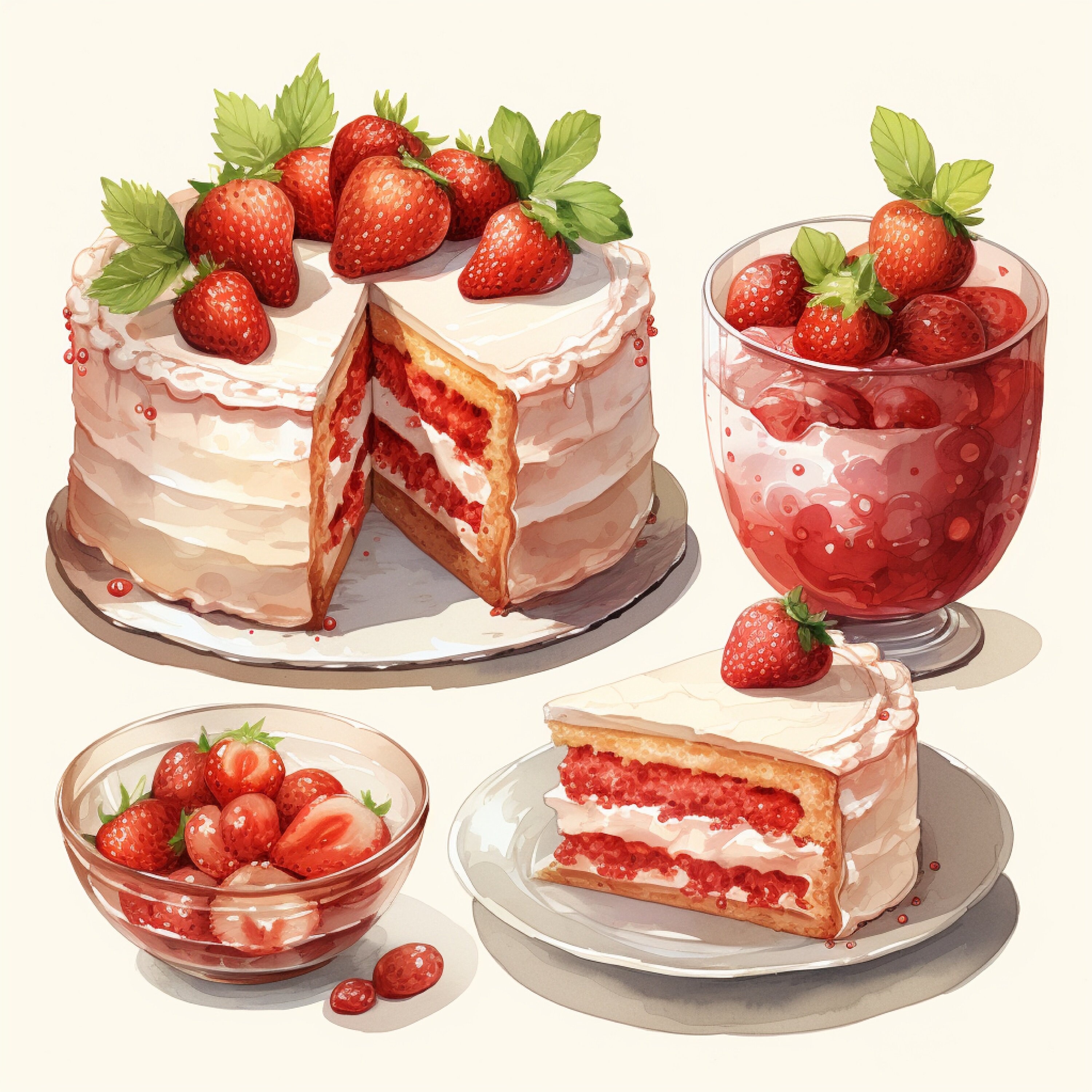 Clipart Strawberries Cake Watercolor 3 JPEG - Etsy