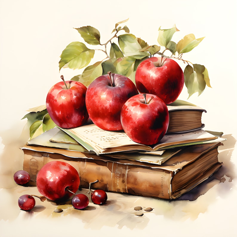 Clipart Apples and Books, Watercolor, 3 Hi-res JPEG - Etsy
