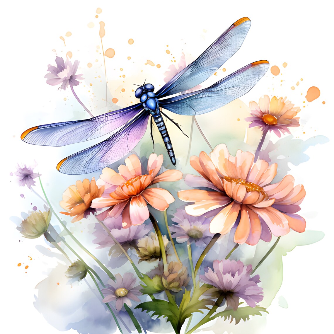 Clipart Beautiful Dragonfly and Flowers, Art, Watercolor, 3 Hi-res JPEG ...