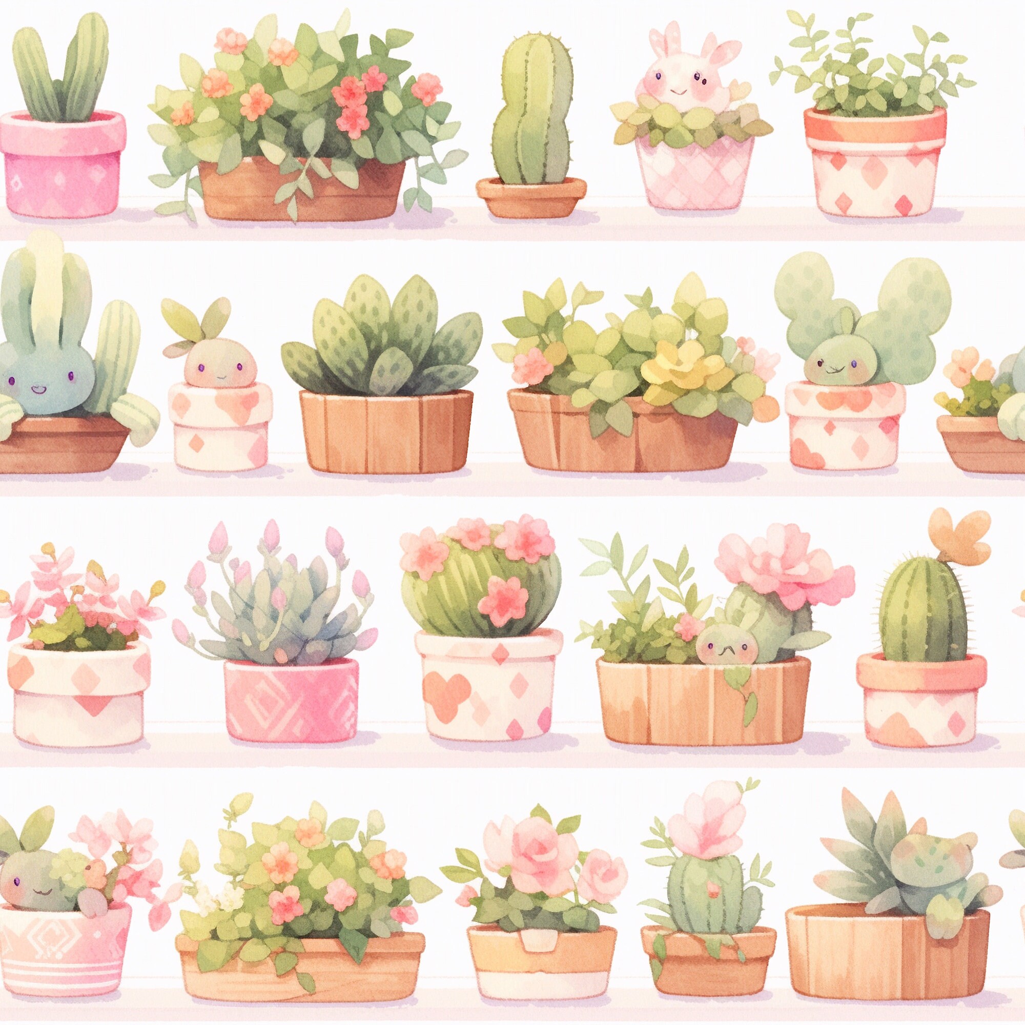 Seamless Pattern, Cute Cactus, on Shelf, Pastel, Watercolor - Etsy