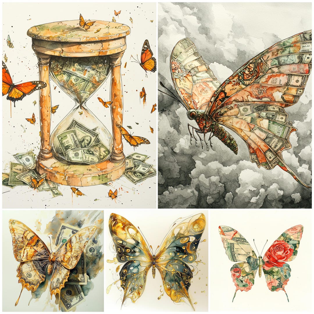 5 Pictures of Butterfly, Money and Gold in Watercolor Style - Etsy
