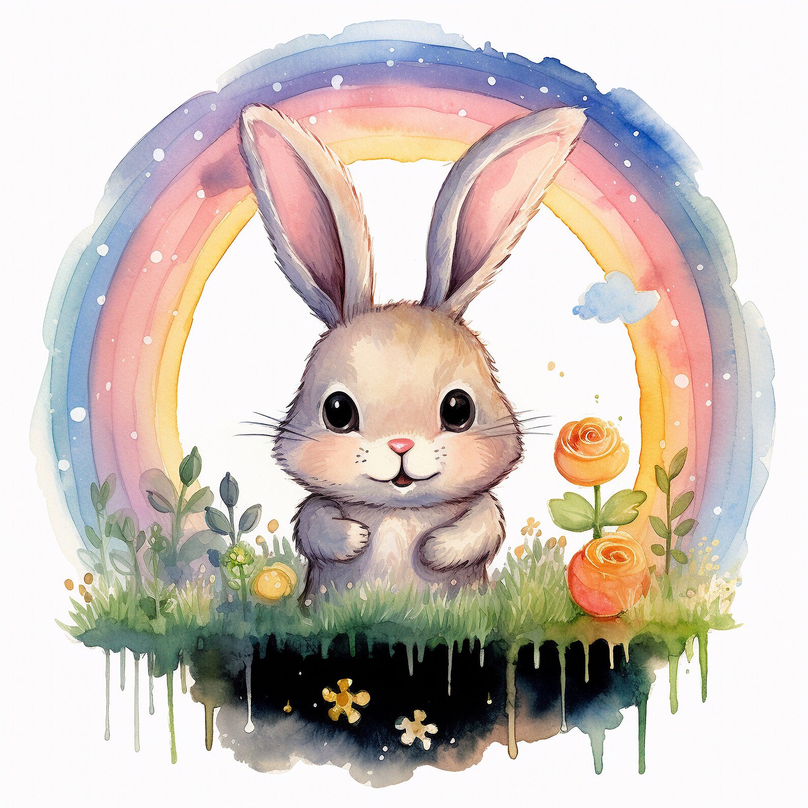 Clipart Cute Rabbit, Rainbow, Flowers, Watercolor, Hi-res JPEG - Etsy