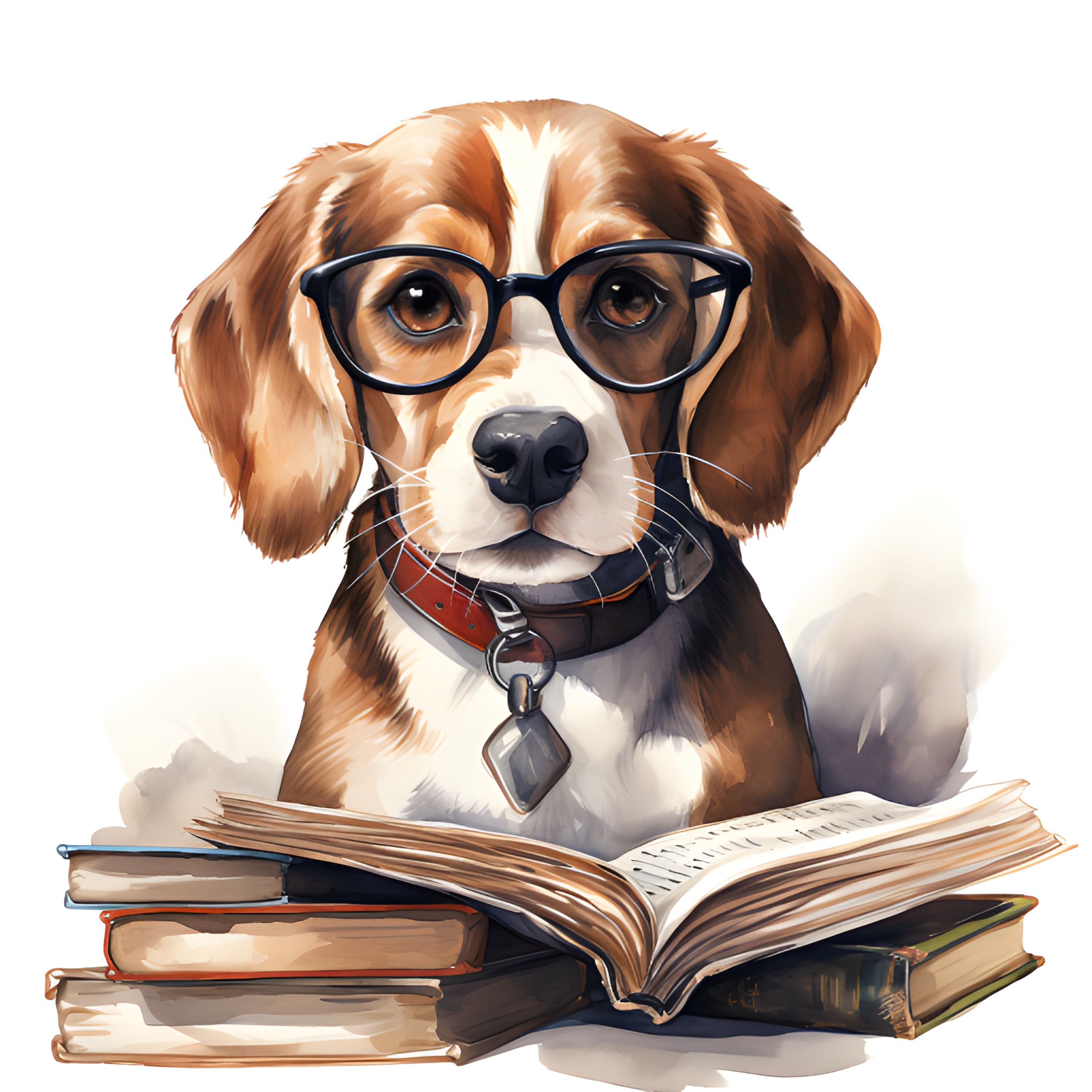 Clipart Cute Beagle With Glasses, Reading Book, Watercolor, 3 Hi-res ...