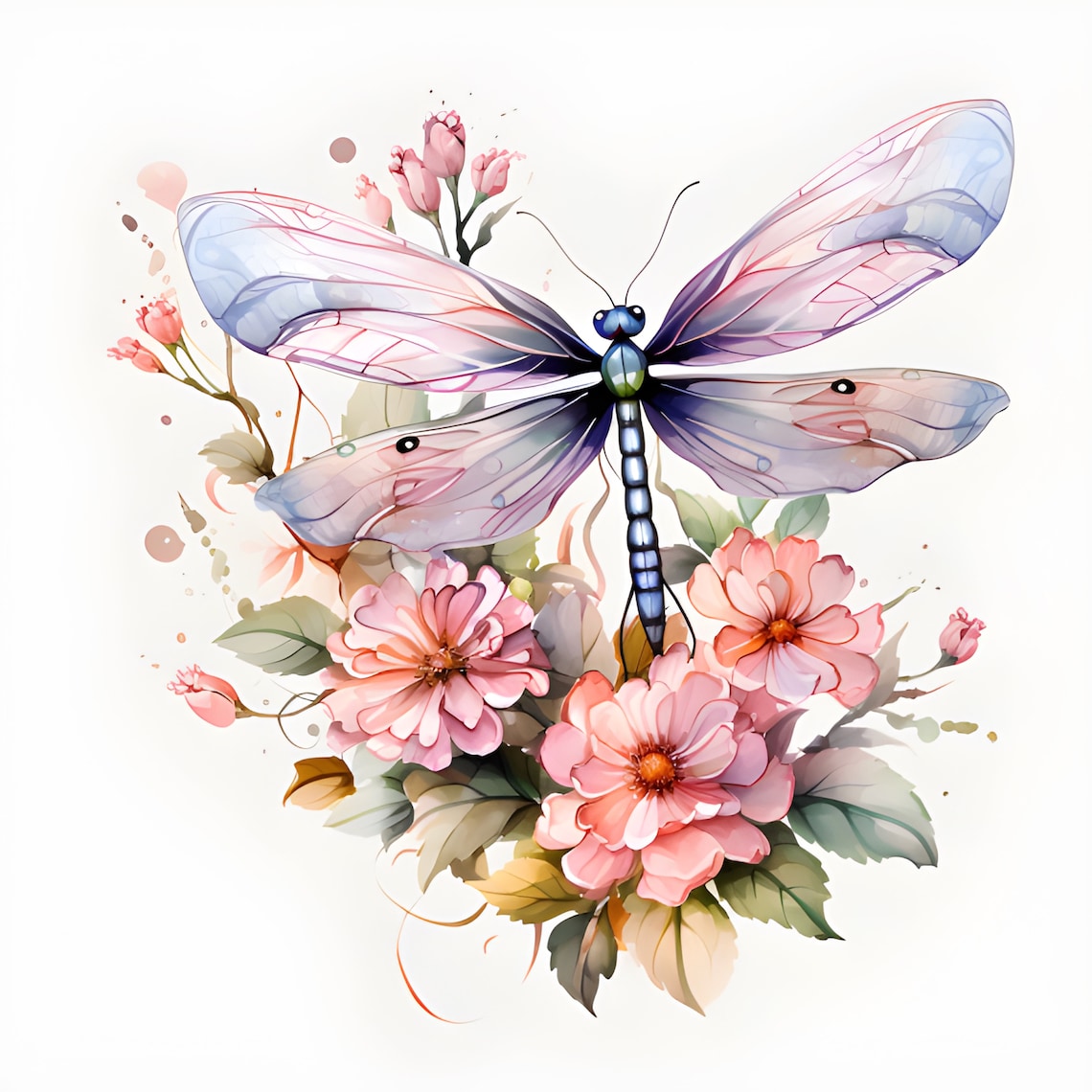 Clipart Beautiful Dragonfly and Flowers, Art, Watercolor, 3 Hi-res JPEG ...