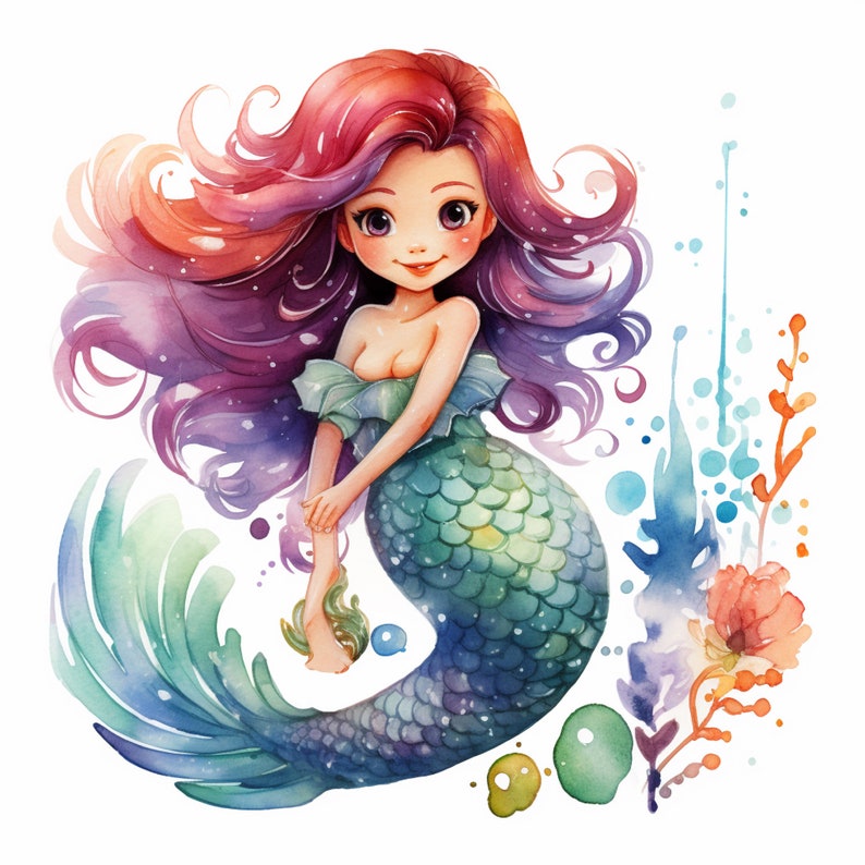 Clipart Cute Mermaid Watercolor 3 JPEG - Etsy