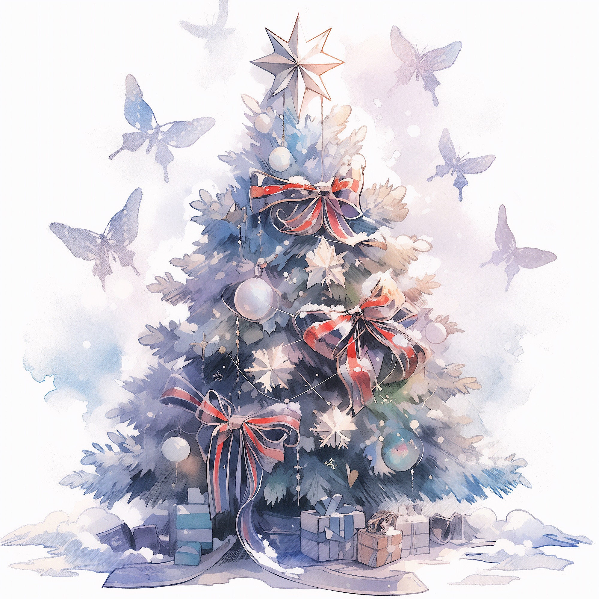 Clipart, Christmas Tree, Blue, Purple, Butterfly, Watercolor, Hi-res ...
