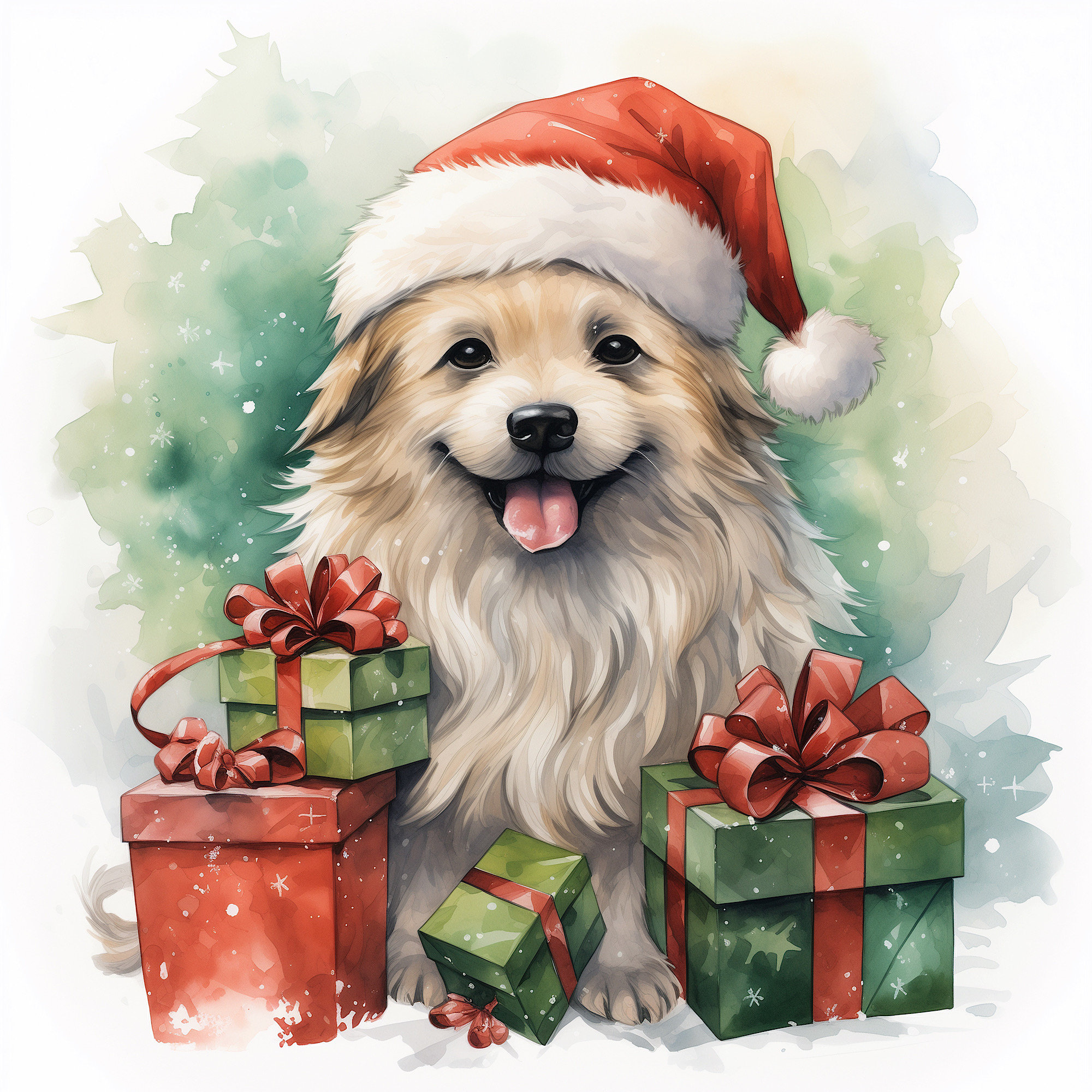 Clipart Cute Santa Dog, Presents, Christmas, Xmas, Watercolor, Hi-res ...