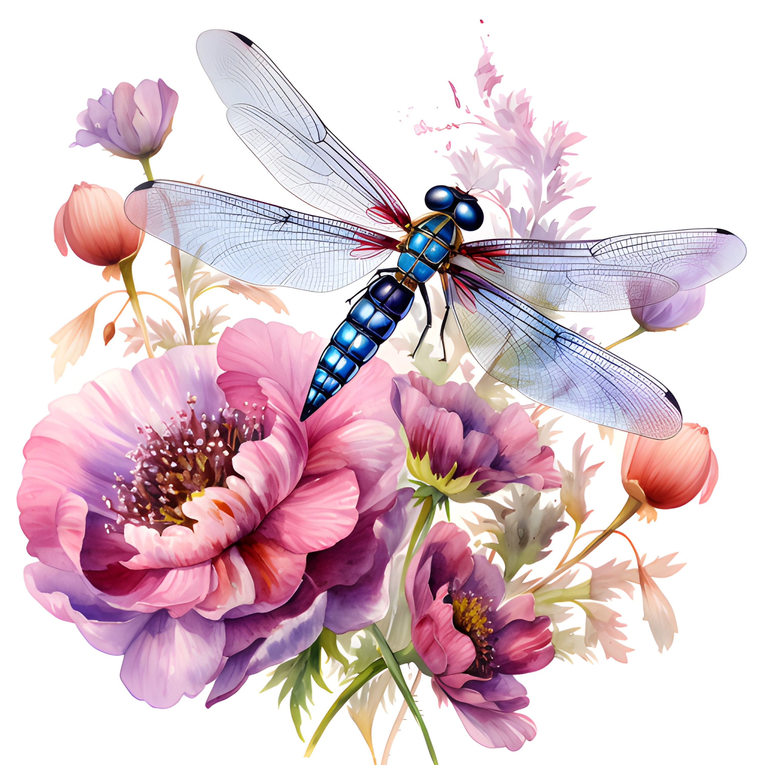 Clipart Beautiful Dragonfly and Flowers, Art, Watercolor, 3 Hi-res JPEG ...