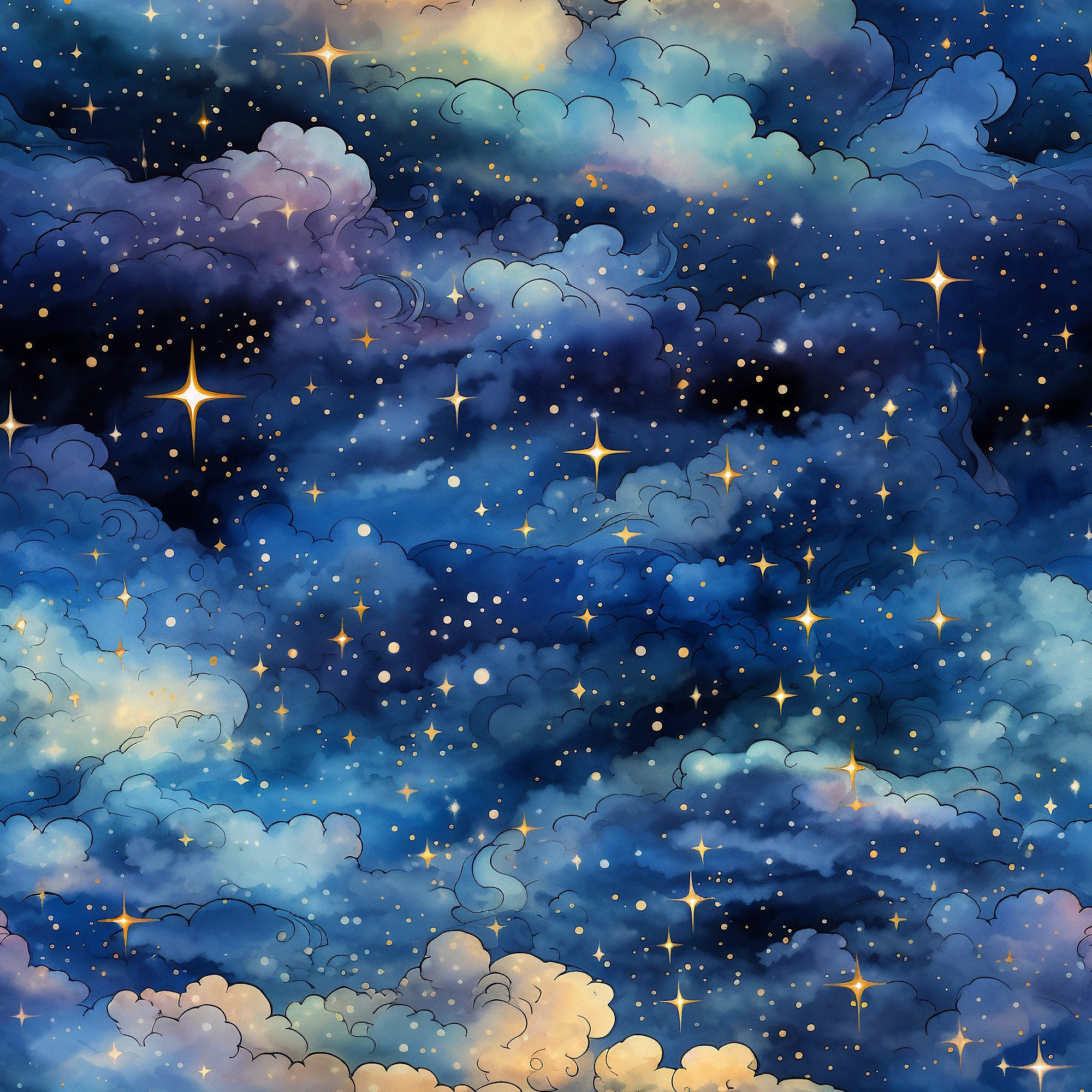 Seamless Pattern, Night Sky, Stars, Clouds, Watercolor, Hi-res JPEG - Etsy