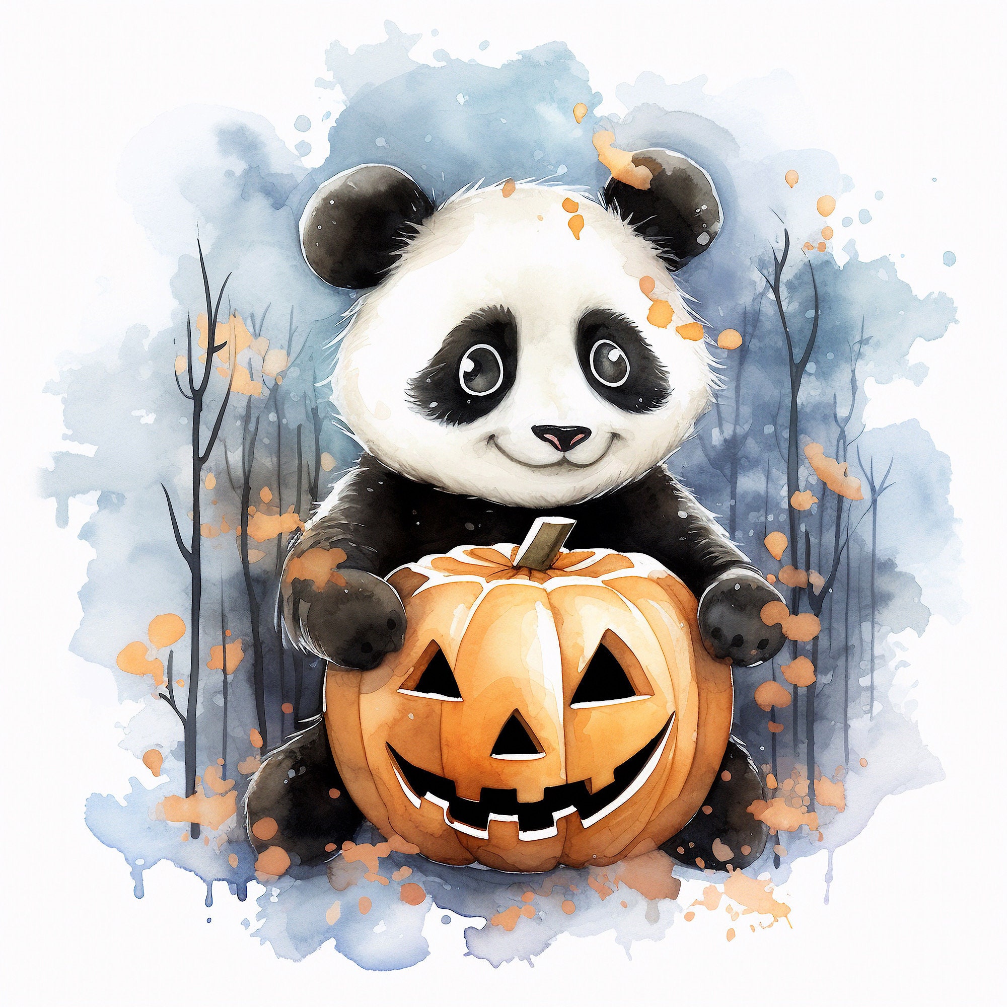 Clipart Panda, Halloween, Pumpkin, Watercolor, Hi-res JPEG - Etsy