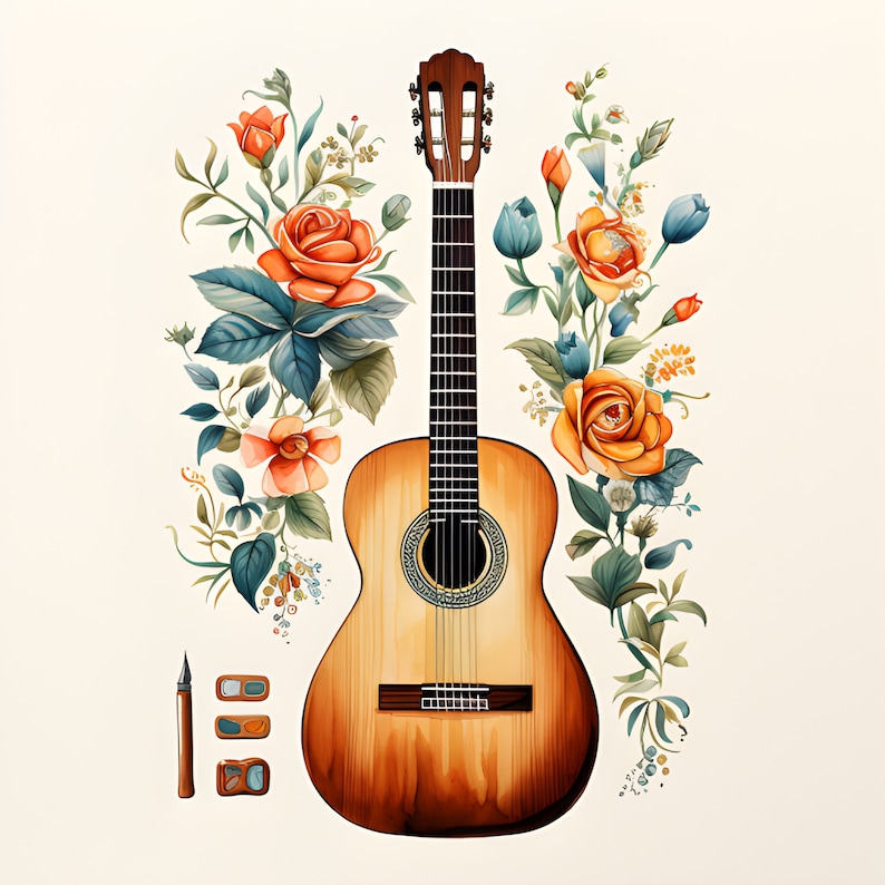 Clipart Guitar Flowers Watercolor 3 Hi-res JPEG - Etsy