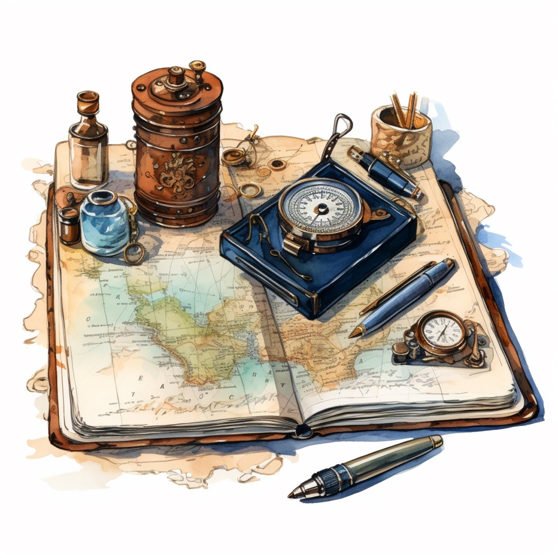 Clipart Map and Compass Watercolor 3 JPEG - Etsy