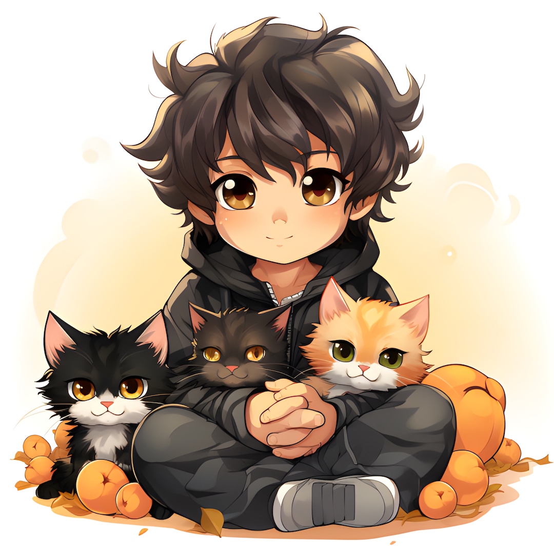 Clipart Cute Anime Boy With Cats, 3 Hi-res JPEG - Etsy