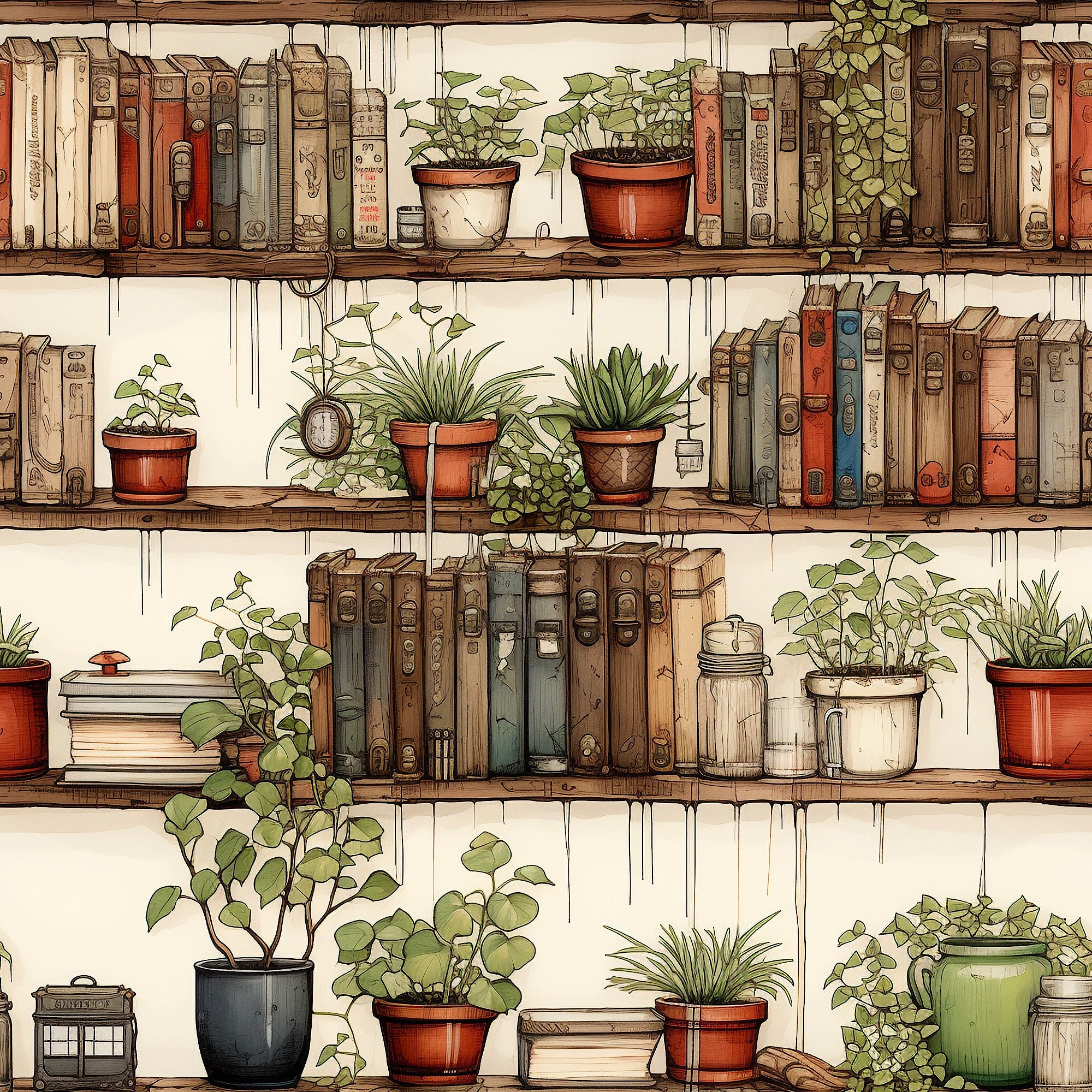 Seamless Pattern, Bookshelf, Book, Little, Tree, Watercolor - Etsy