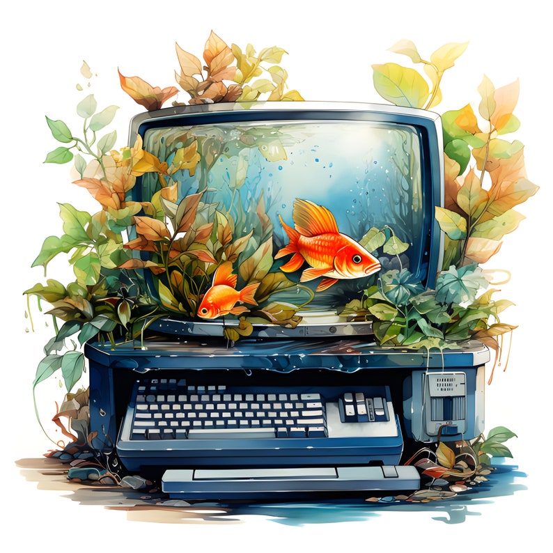 Clipart Fish in Water, Inside Old Crt Monitor Watercolor, 3 Hi-res JPEG ...