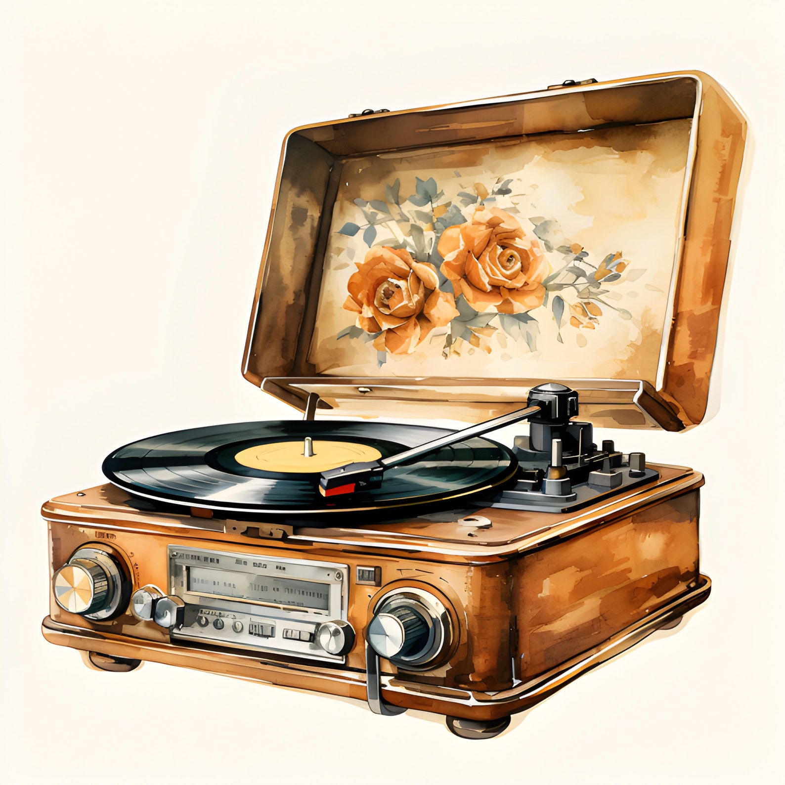 Clipart Old Vinyl Player, Vintage, Flowers, Watercolor, 3 Hi-res JPEG ...