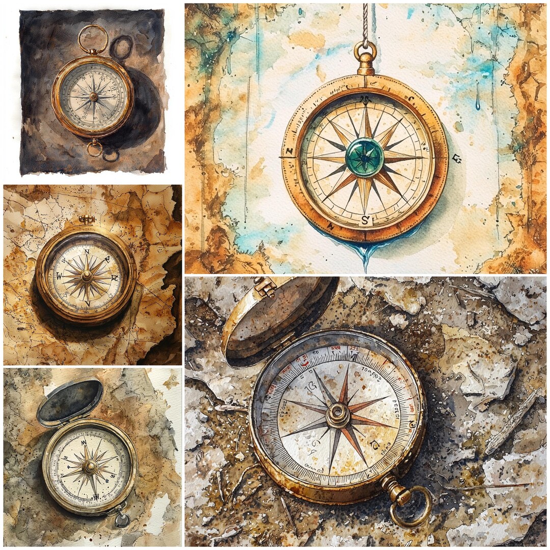 5 Pictures of Old Compass With Different Background, Watercolor, Print ...