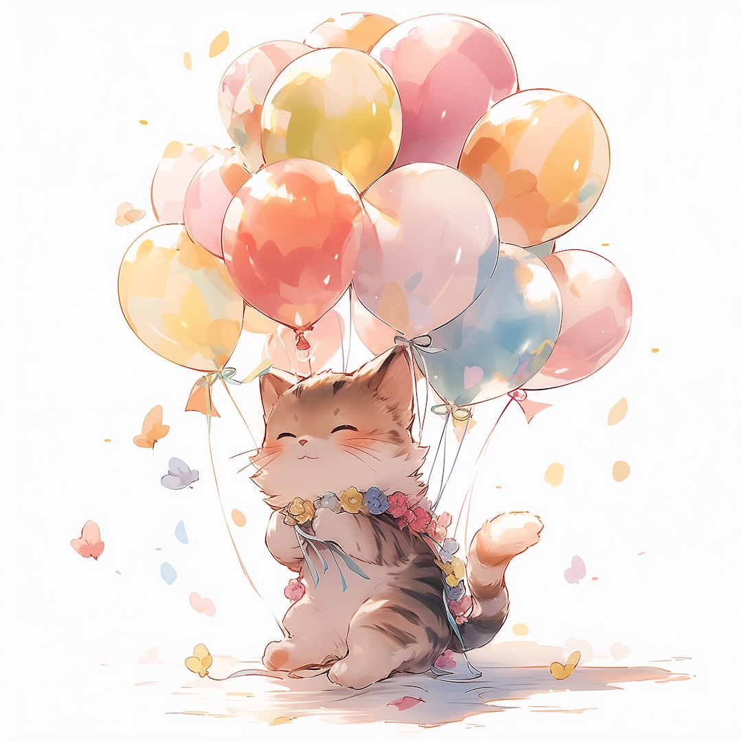 Clipart, Picture, Cute Cat, Little Cat, With Balloons, Colorful ...