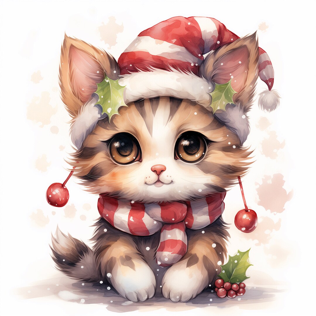 Clipart Cute Santa Cat, Christmas, Watercolor, Hi-res JPEG - Etsy