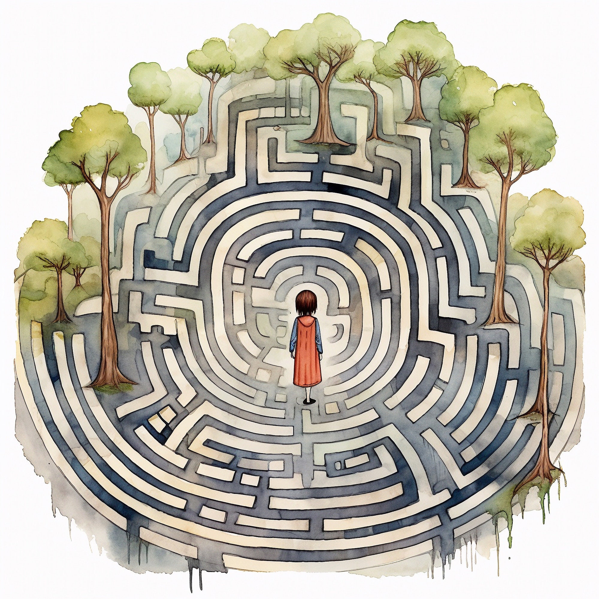 Clipart Girl, Labyrinth, Trees, Puzzle, Watercolor, Hi-res JPEG - Etsy