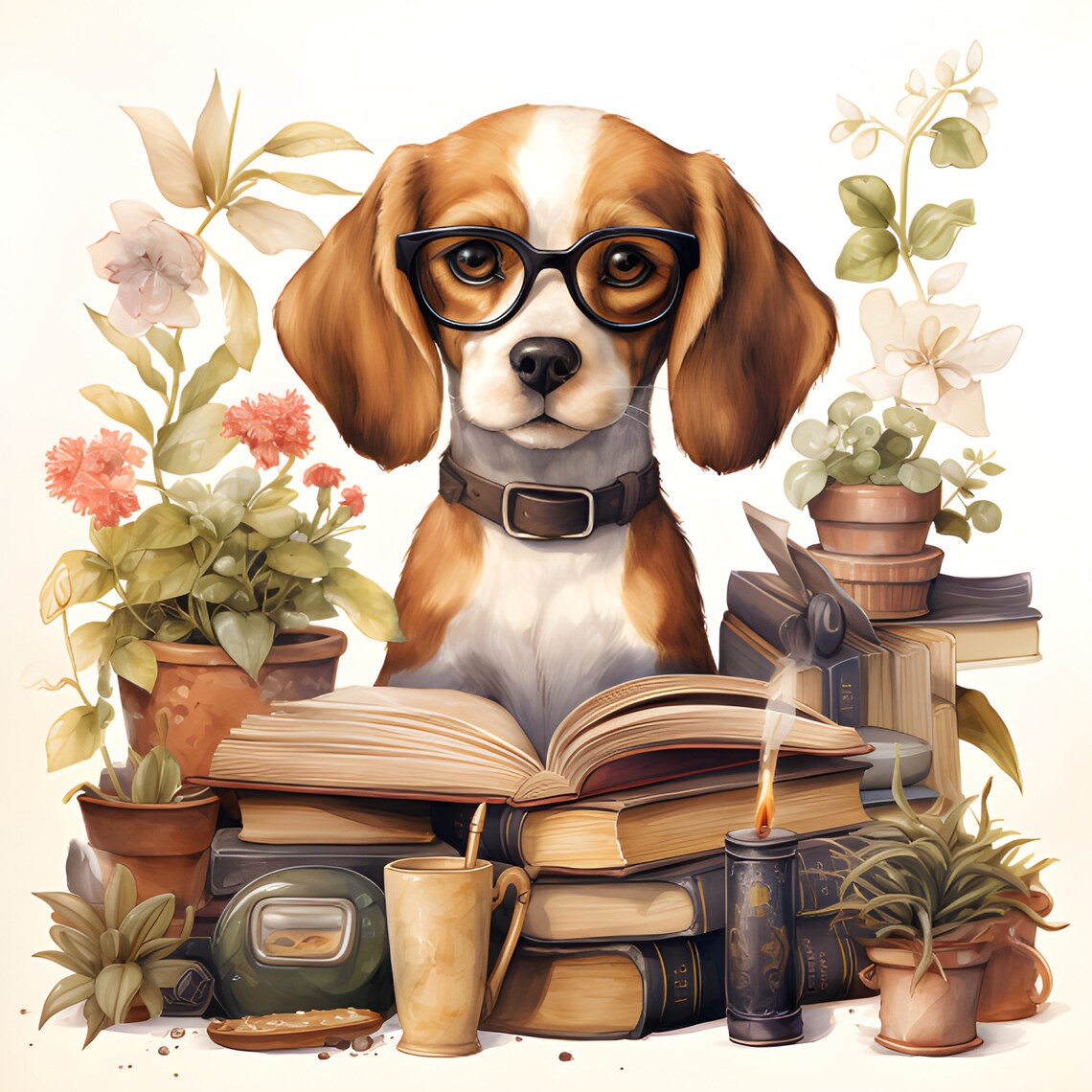 Clipart Cute Beagle With Glasses, Reading Book, Watercolor, 3 Hi-res ...
