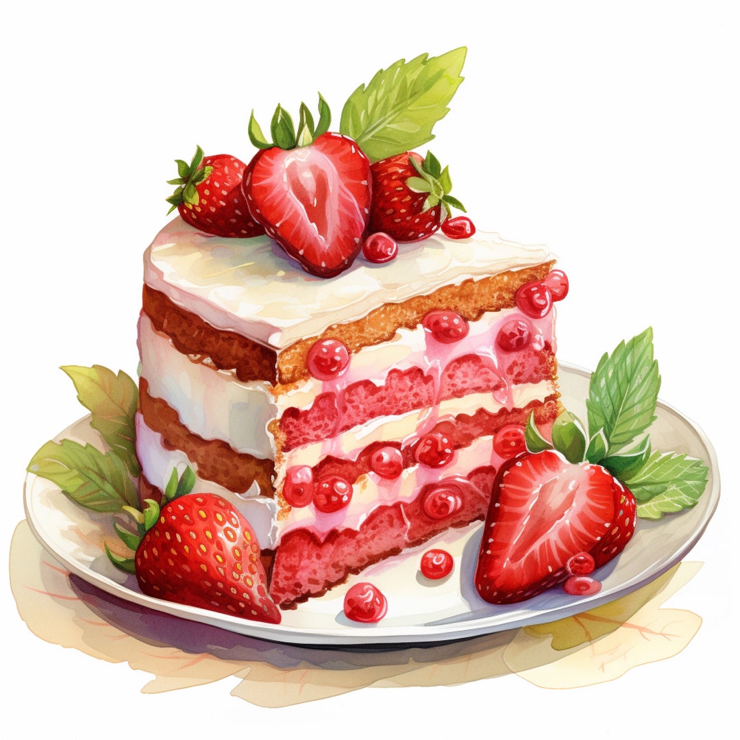 Clipart Strawberries Cake Watercolor 3 JPEG - Etsy