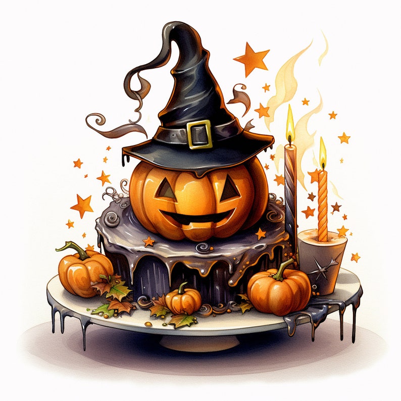 Clipart Halloween Cake Pumpkins Witch Hat Watercolor - Etsy