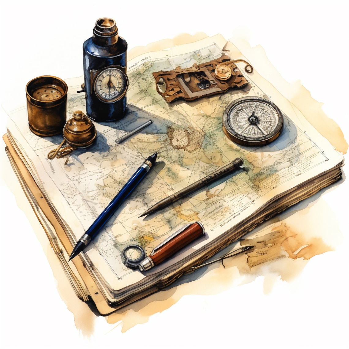 Clipart Map and Compass Watercolor 3 JPEG - Etsy