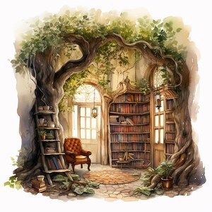 Clipart Library, Tree, Books, Sofa, Watercolor, Hi-res JPEG - Etsy