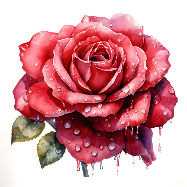 Clipart One Rose, Water Drop, Watercolor, 3 Hi-res JPEG - Etsy