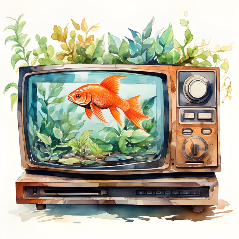 Clipart Fish in Water, Inside Old Crt Monitor Watercolor, 3 Hi-res JPEG ...