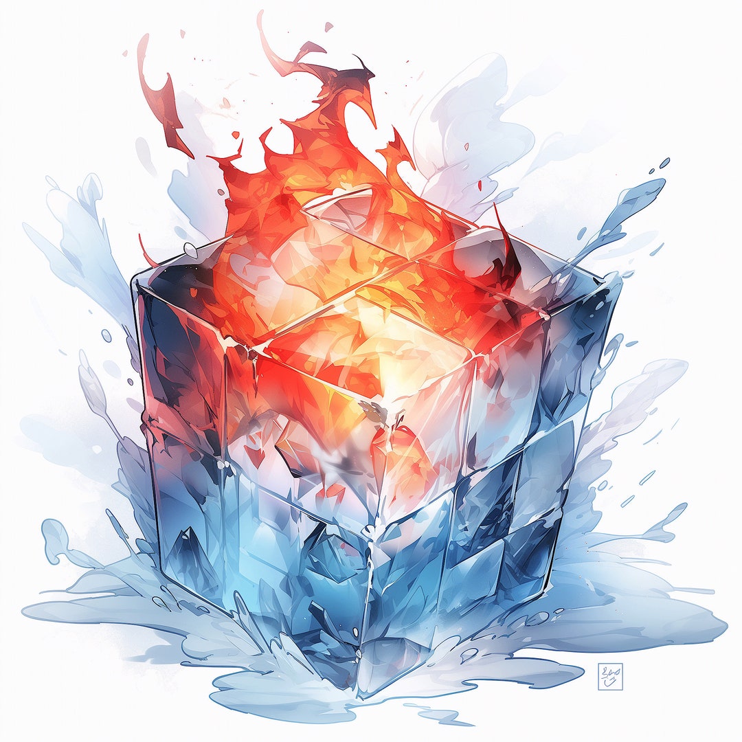 Clipart, Picture, Ice Cube on Fire, Fire on Ice, Watercolor, Hi-res JPEG - Etsy