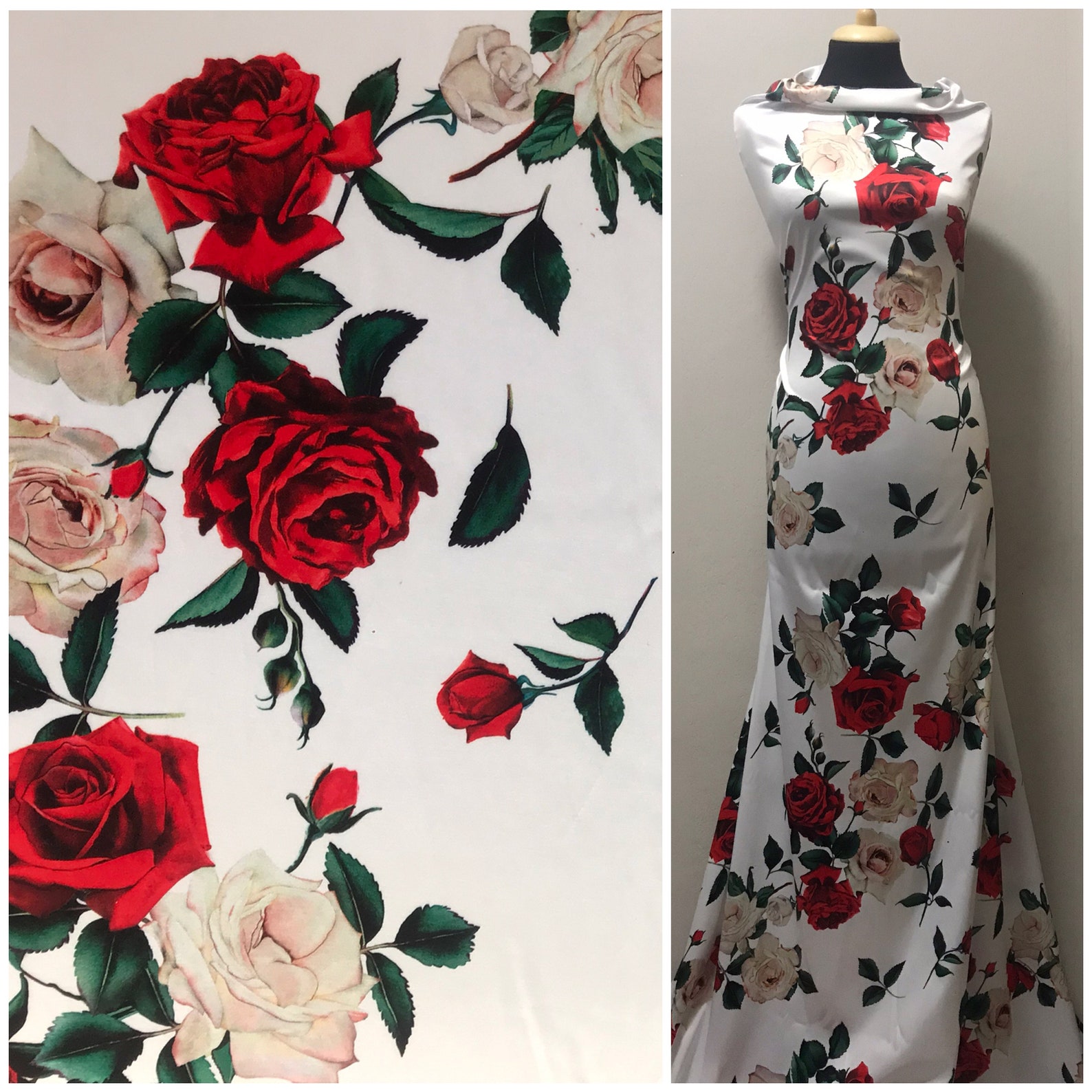 Roses Cotton Fabric. Floral Print Cotton Fabric. Red and White | Etsy