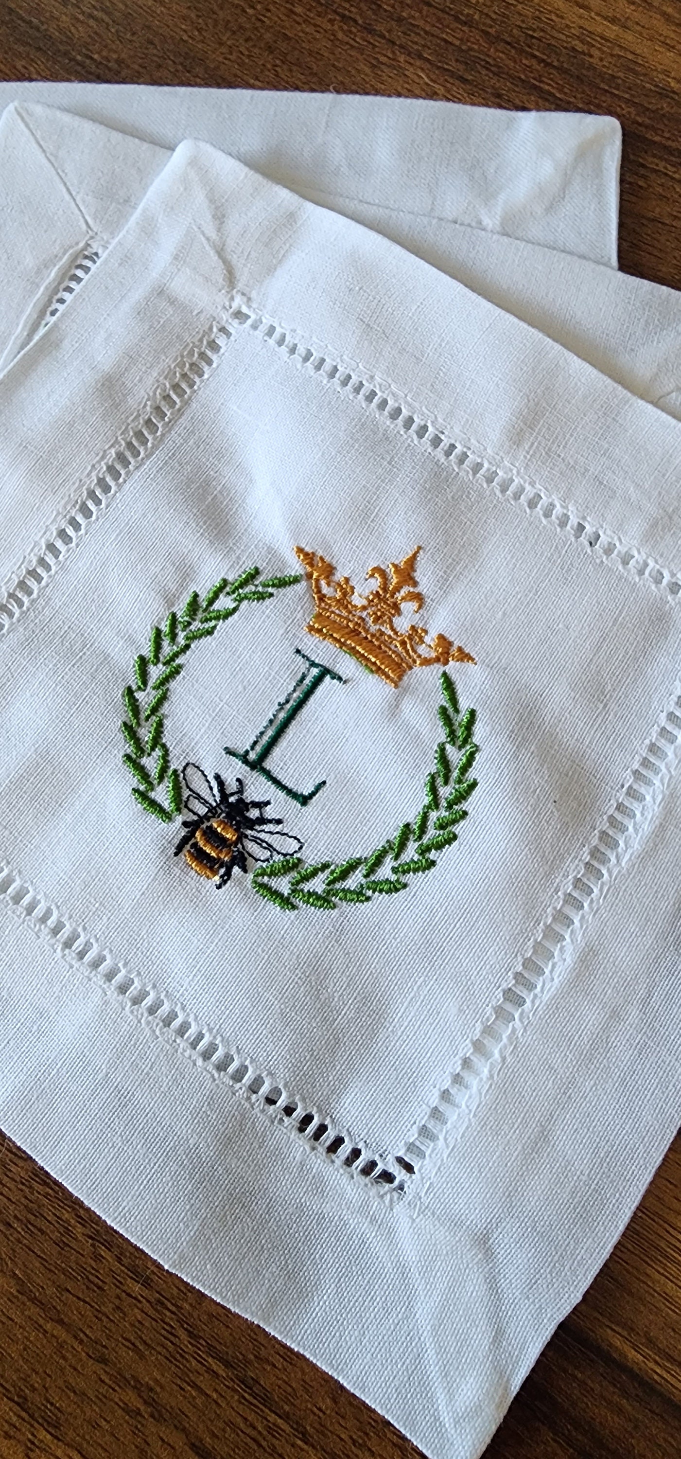 Custom Embroidered Queen Bee Monogram Linen Cocktail Napkin Set White 6 ...