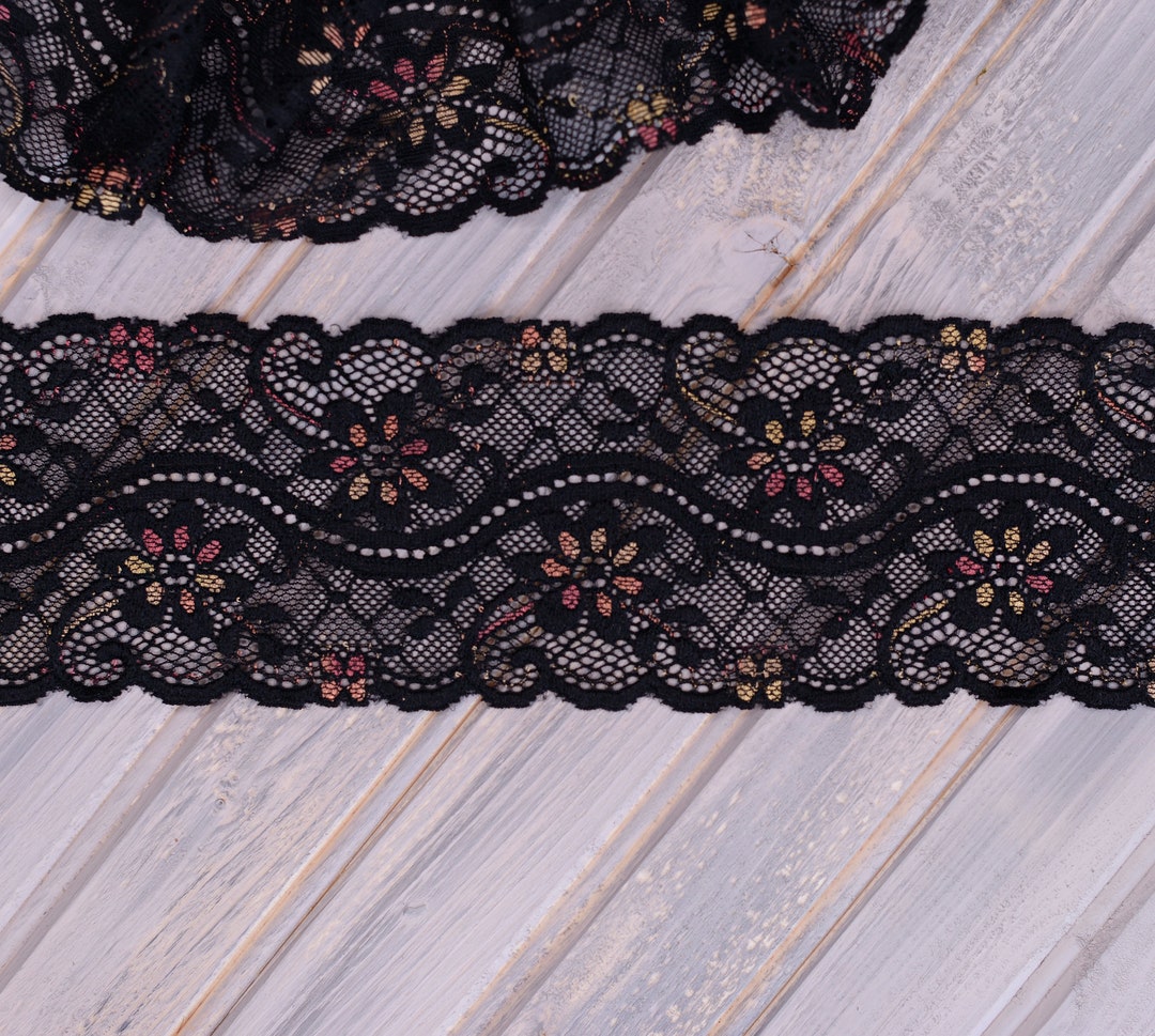 3 m encaje elástico negro con flores de colores 8 cm / - Etsy España