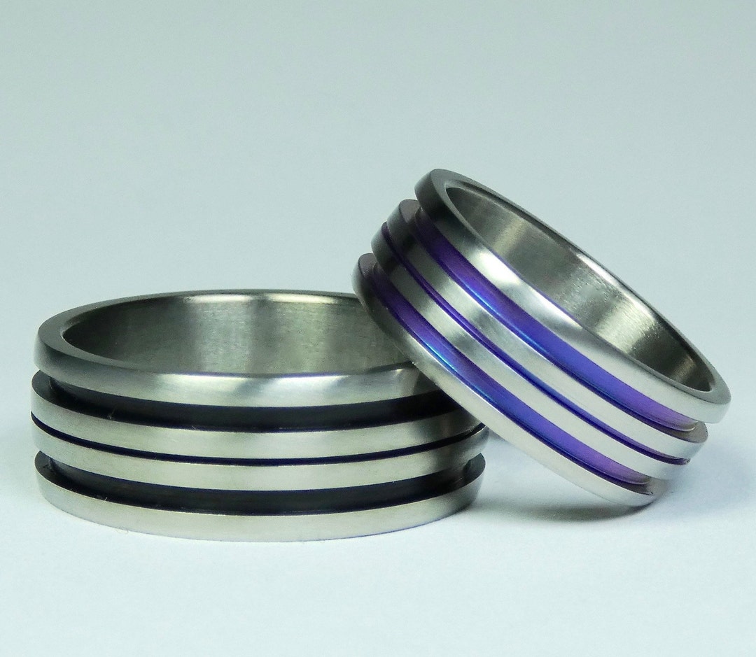 Zirconium Ring Black Oxidized Grooves and an Anodized Titanium Ring ...