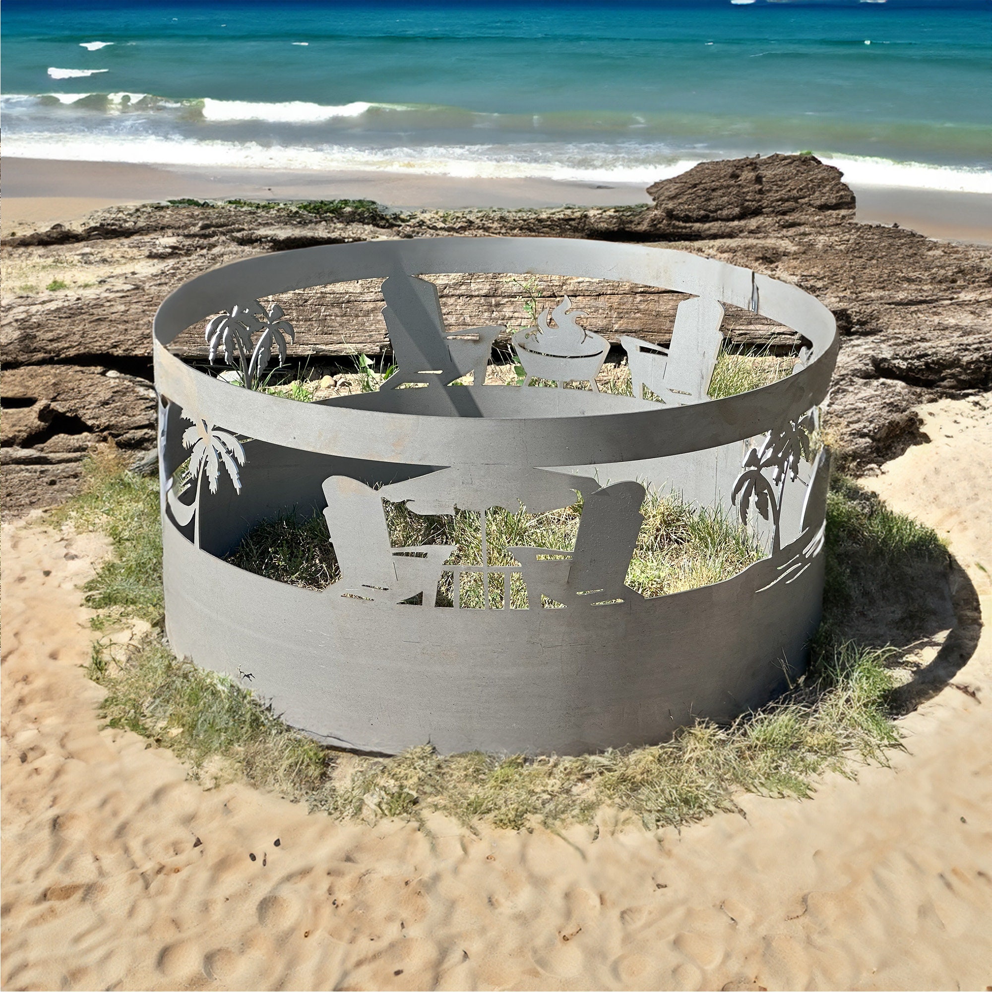 Beach Design Fire Pit Ring Palm Trees Sunset Steel Fire - Etsy