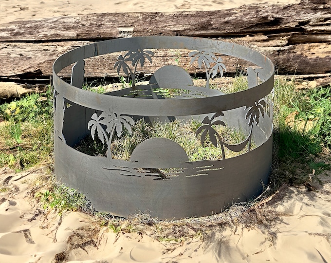Beach Design Fire Pit Ring, Palm Trees, Sunset, Steel Fire Pit ...