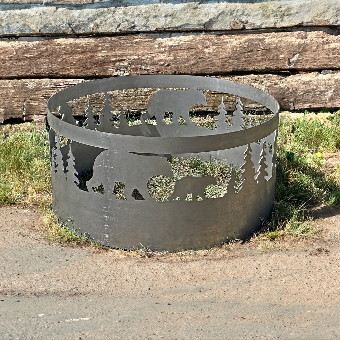 Black Bear Fire Pit Ring, Bear Trees, Steel Fire Pit, Campfire Ring ...