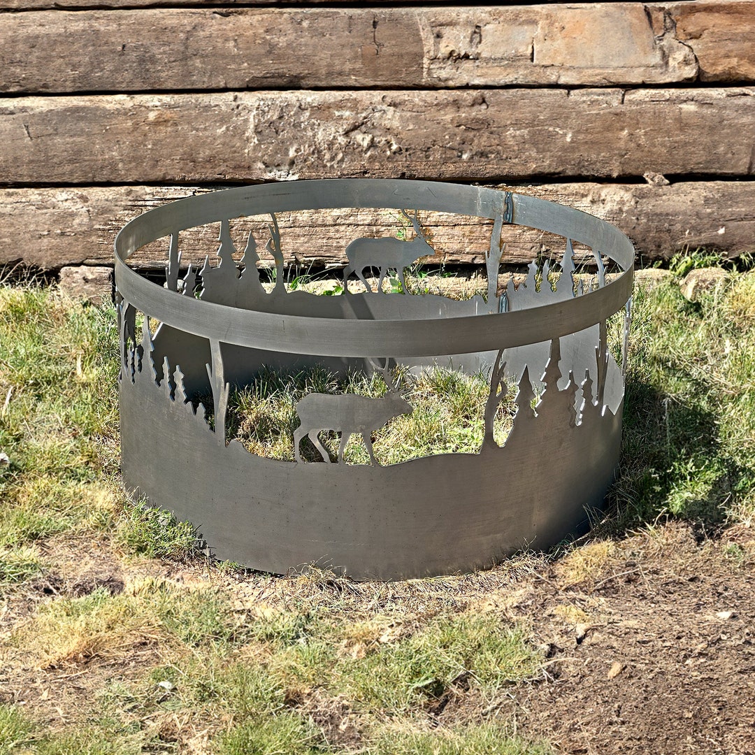 Deer Fire Pit Ring, Deer Scene Trees, Steel Fire Pit, Campfire Ring ...