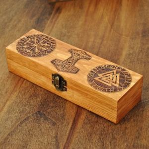 Viking Box Engraved With Mjolnir, Valknut and Vegvisir, Wooden ...