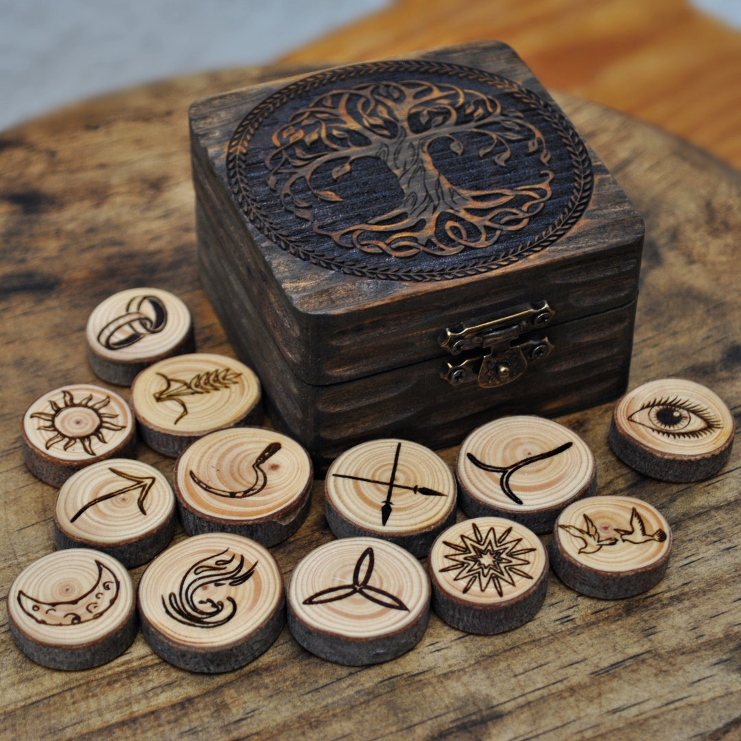 Wooden Witch Runes With Tree of Life Box. Elements of Divination. 13 ...