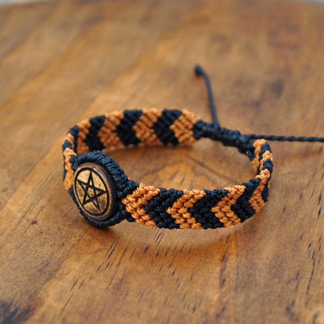 Wooden Pentacle Bracelet With Black and Orange Braided Cord; Wiccan ...