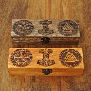 Viking Box Engraved With Mjolnir, Valknut and Vegvisir, Wooden ...